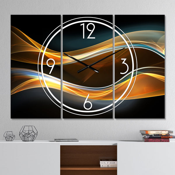 3D Gold Waves in Black - Modern 3 Panels Oversized Wall CLock ...